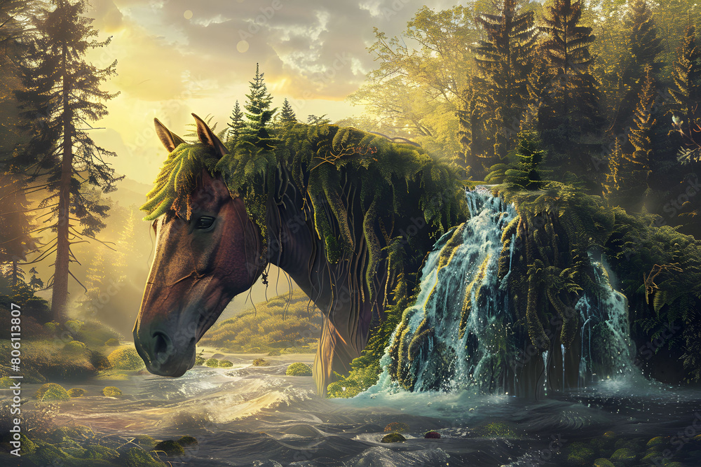 Unicorn Horse's head with a waterfall transforming into forest. Animal ...