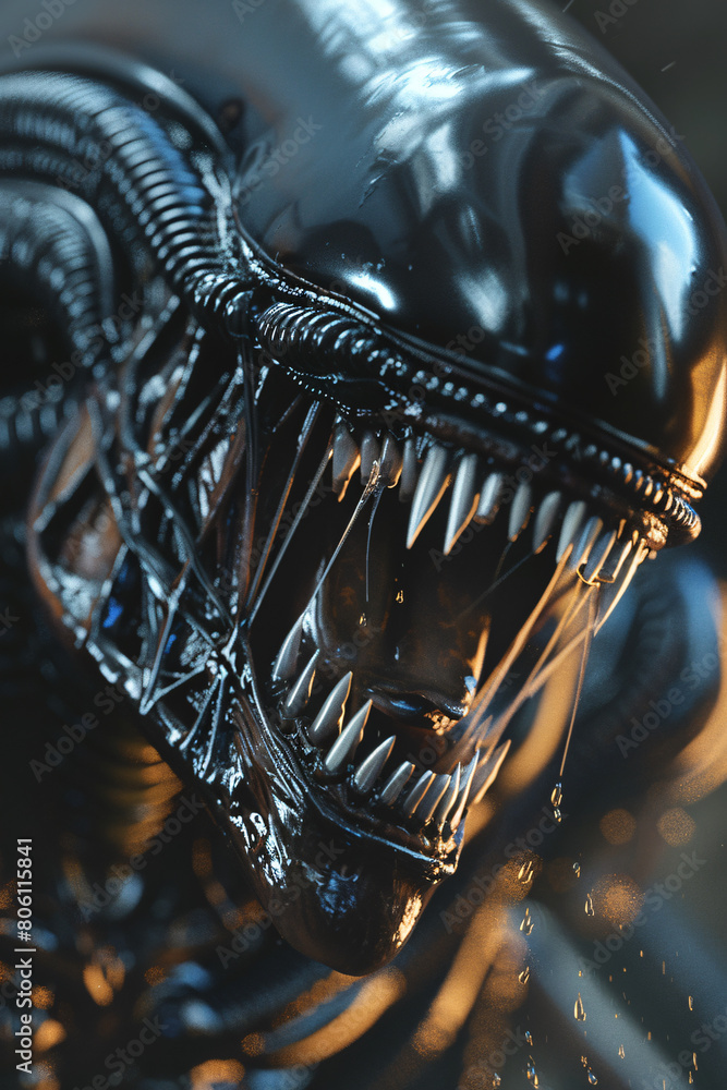 Fearsome alien xenomorph with slimy skin and sharp teeth. Ultimate extraterrestrial monster ...