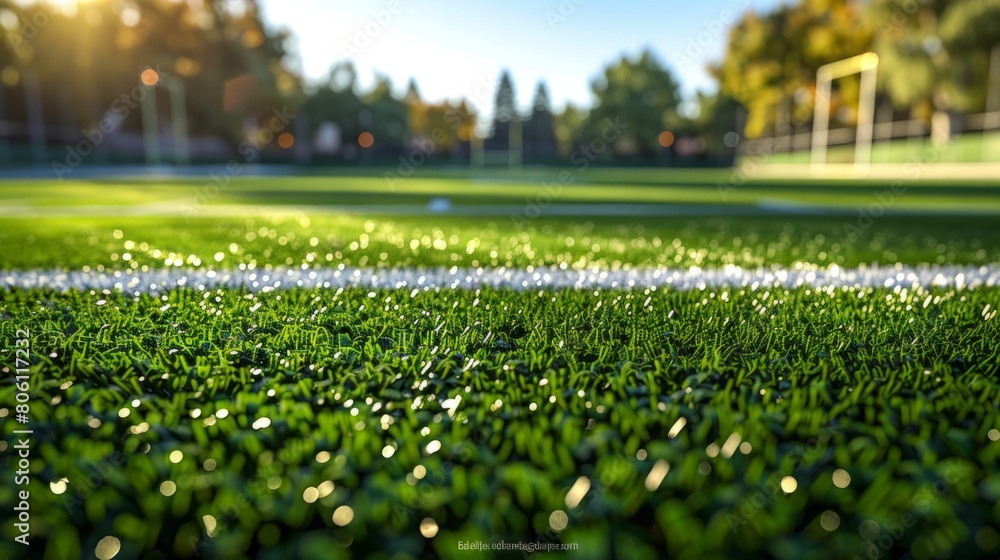 Lush green synthetic turf of a sports field, highlighted by early ...