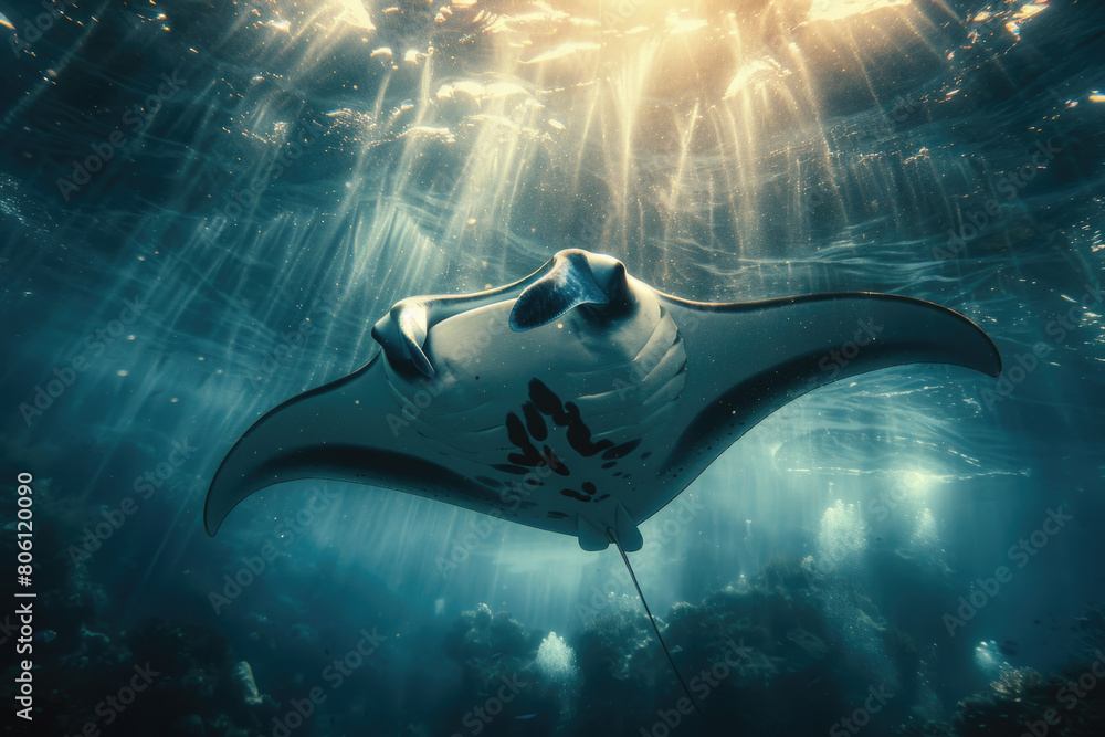 Close-up of a graceful manta ray flying slowly through the water. Stock ...