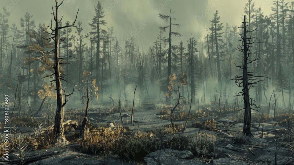 A devastated forest landscape after a wildfire, with burnt trees ...