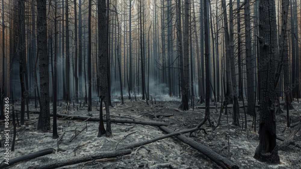 A devastated forest landscape after a wildfire, with burnt trees ...