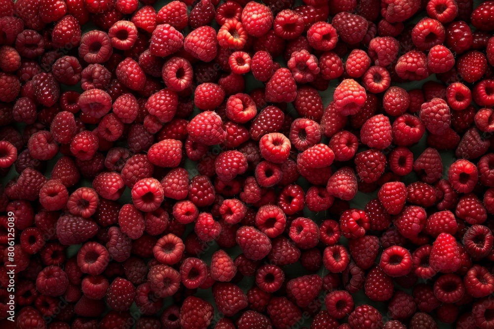 Pattern of raspberry on dark rock background. Flat lay summer berries ...