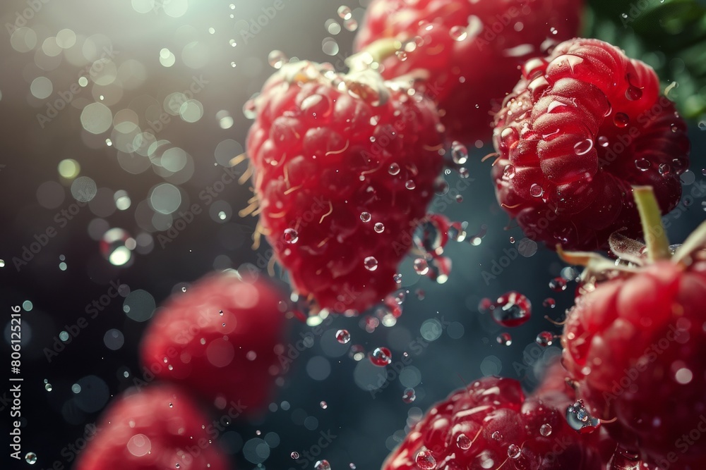 Pattern of raspberry on dark rock background. Flat lay summer berries ...