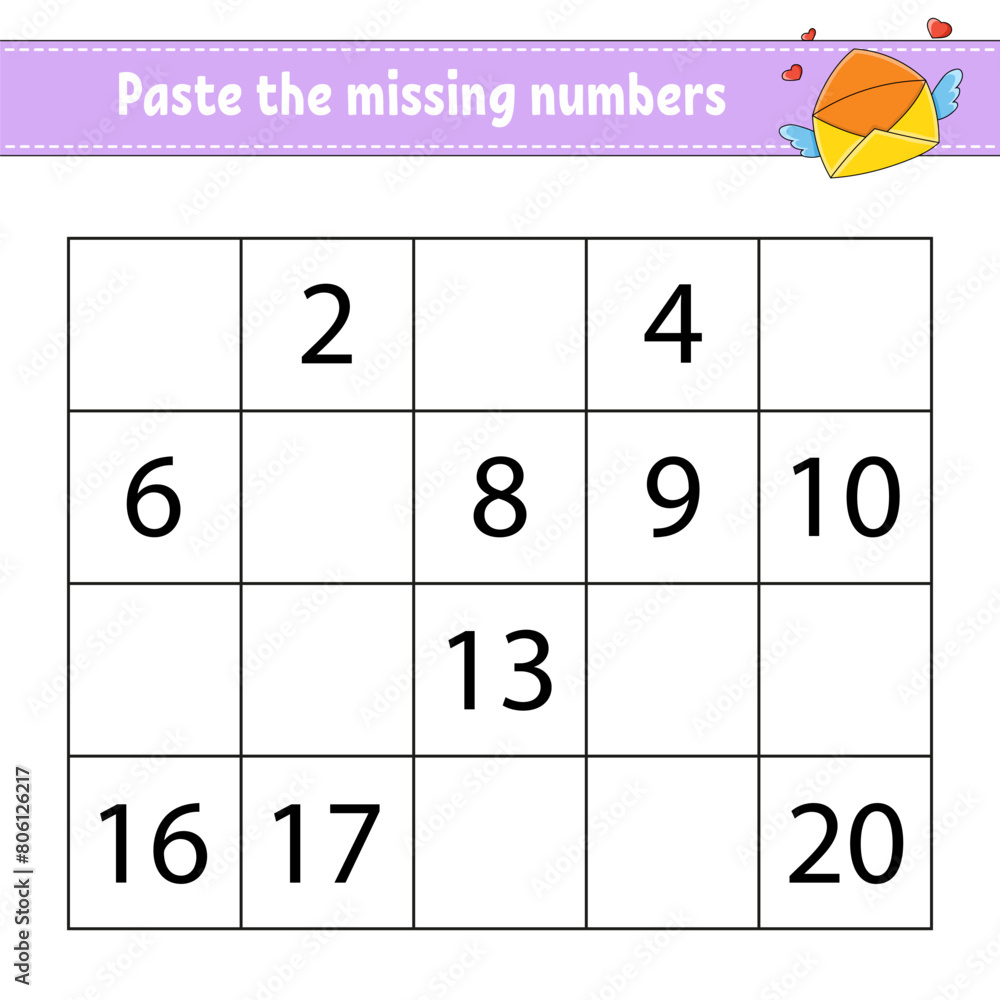 Paste the missing numbers 1-20. Game for children. Handwriting practice ...