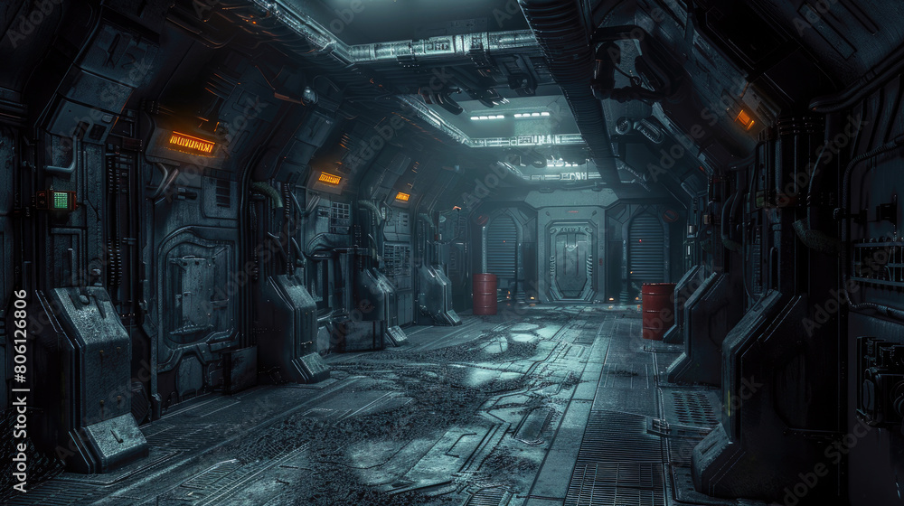 Spooky dark corridor in futuristic spaceship, scary alien spacecraft ...