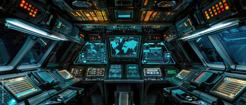 Spaceship cabin interior, modern cockpit with computer screens and dashboard, futuristic command ...