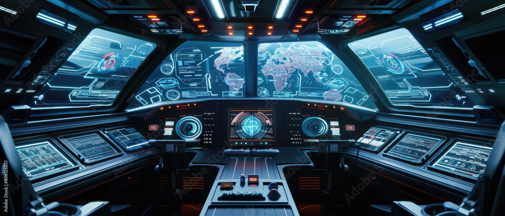 Spaceship cabin interior, cockpit with computer screens and dashboard ...