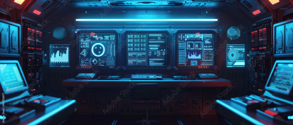 Interior of futuristic command center, dark control room of spy base ...