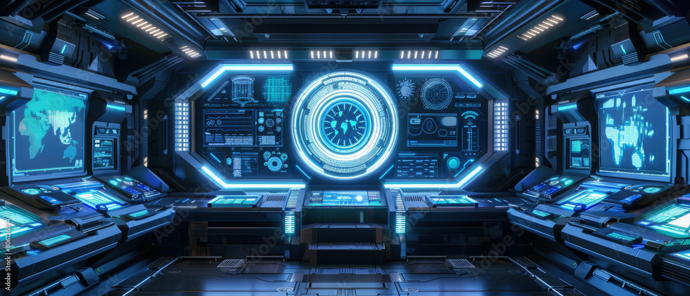 Poster, Foto Interior of futuristic command center, control room of spy base or spaceship with ...