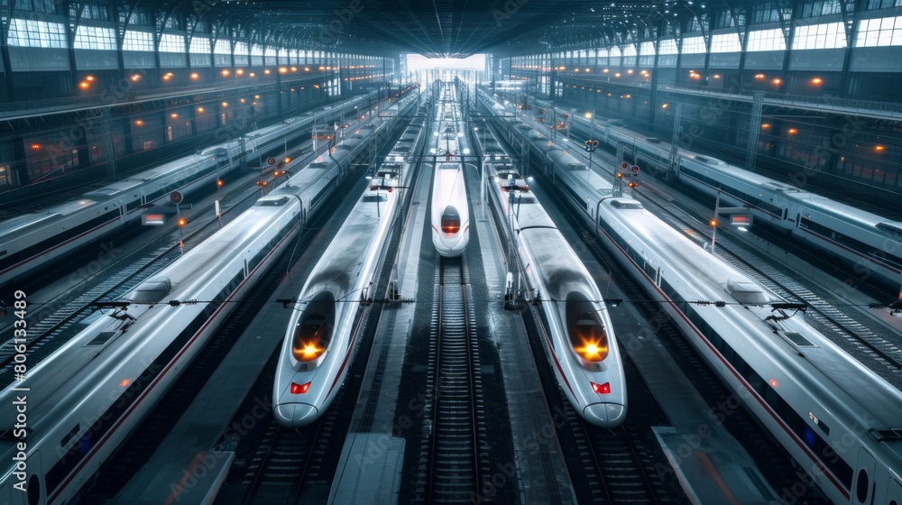 A high-speed train depot with rows of trains ready for departure ...