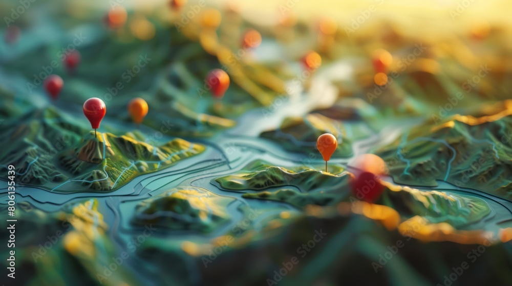 Detailed maps decorated with colorful pins showing starting points and ...