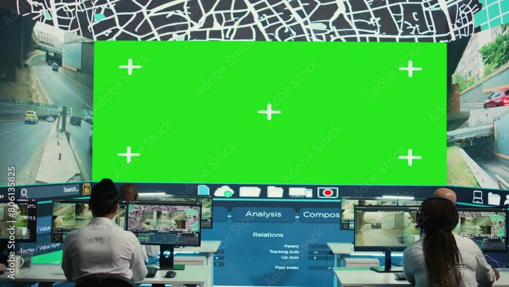 Group of employees monitoring delivery trucks routes with an isolated ...