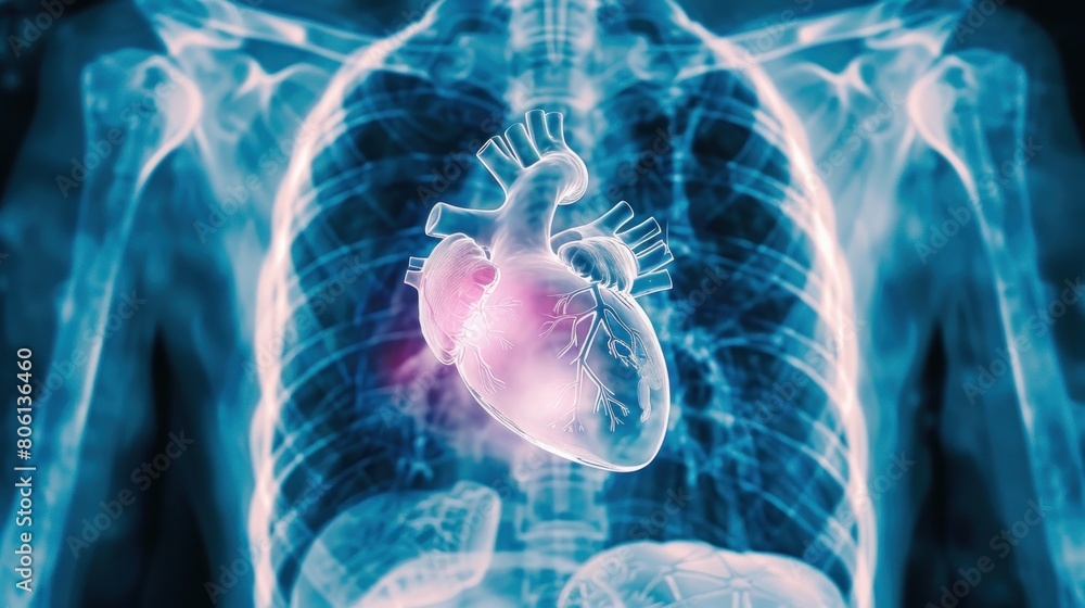 Poster Xray of a human chest showing a pacemaker and heart structure ...