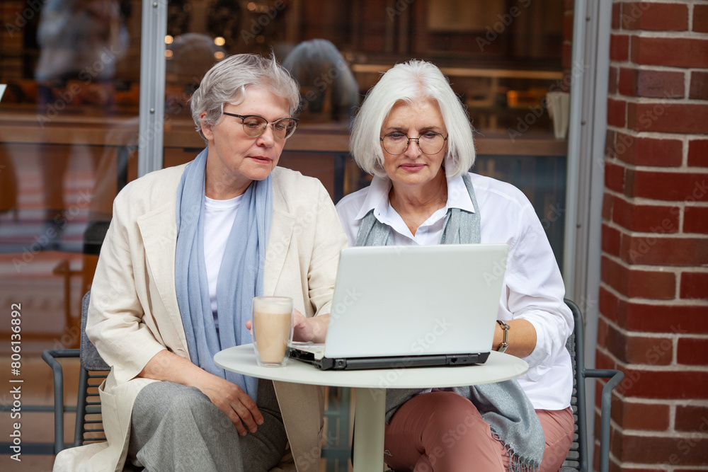 Mature businesswomen sets at table with laptop in small cafe business ...