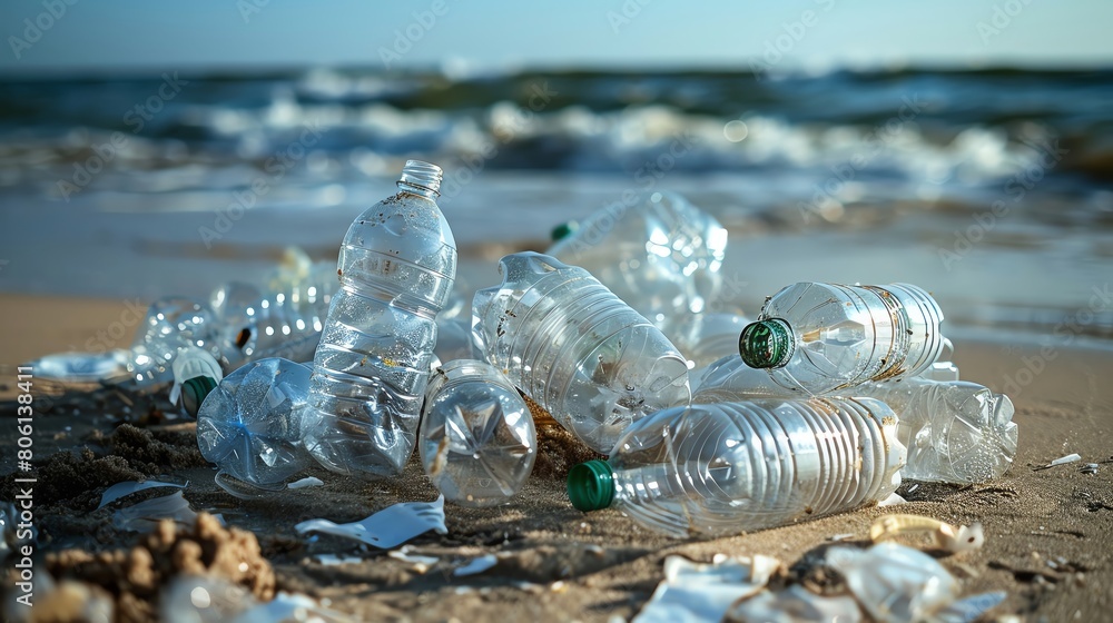 Image shows the problem of plastic pollution on beaches. Plastic ...