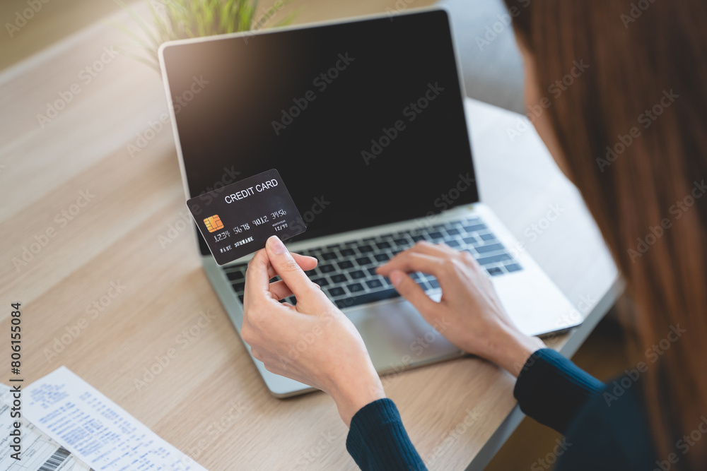 Internet banking, Online shopping at home, asian young woman hand in ...