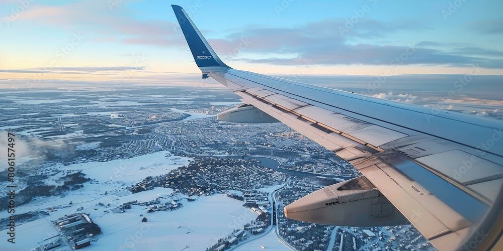 wing and body of an airplane flying over cities view from plane window ...