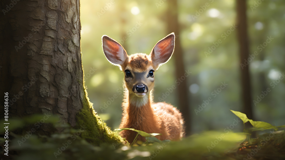 Wildlife photography of a baby deer peeking behind a tree against a ...