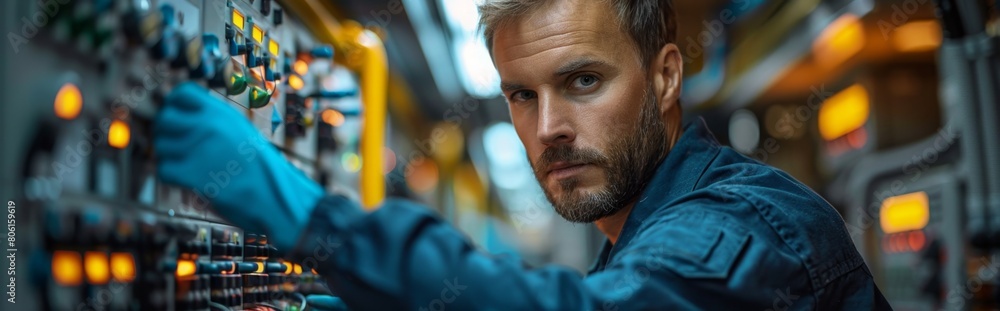 Side view or back view of professional electrician working seriously in ...