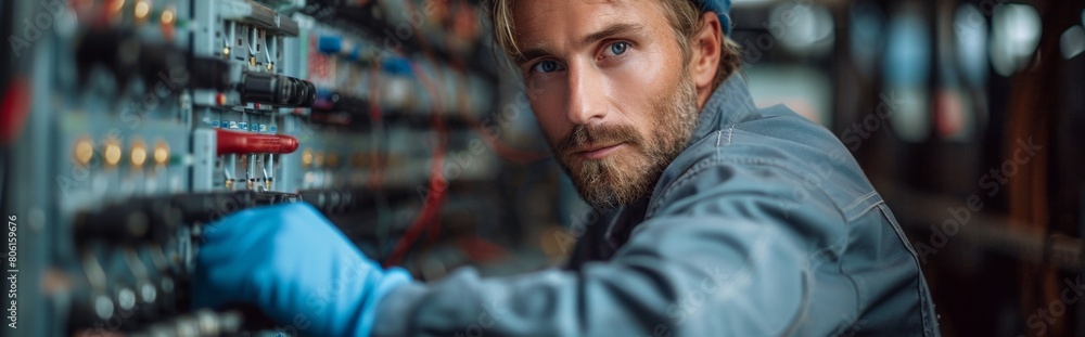 Side view or back view of professional electrician working seriously in ...