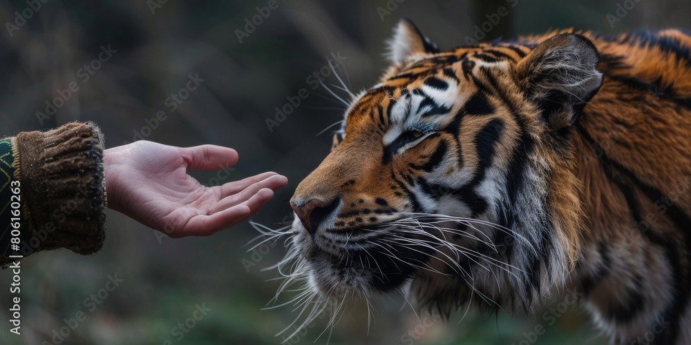 Tiger sniffs the zookeeper's hand. Care and maintenance of an ...