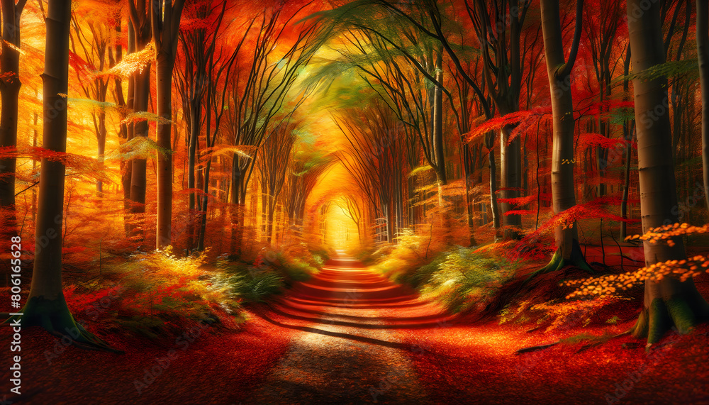 Mystical Autumn Gateway: Fiery Red Forest Path Leading to a Radiant ...
