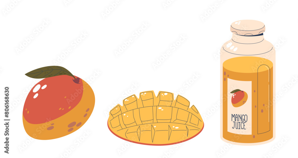 Whole Mango With A Leaf, Diced Mango Pieces, And Labeled Bottle Of ...