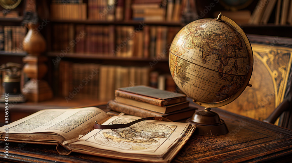 Geographic globes and old maps and old books in the cabinet. Science ...