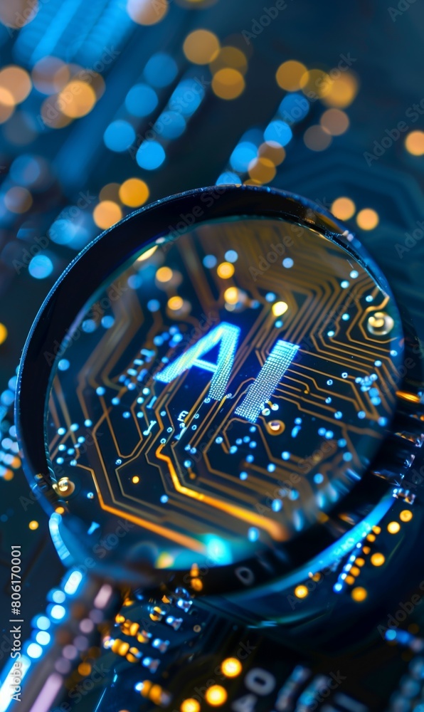 magnifying glass over dedicated AI microchip on electric circuit board ...