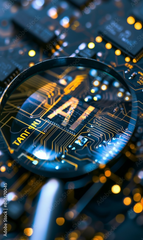 magnifying glass over dedicated AI microchip on electric circuit board ...