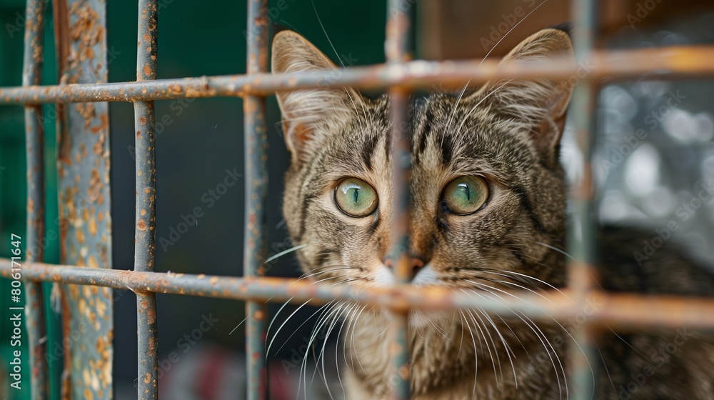 Cat peers through the metal bars of cage, symbolizing the plight of ...