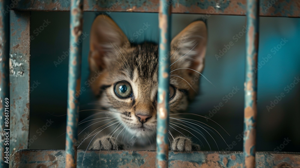 Cat peers through the metal bars of cage, symbolizing the plight of ...