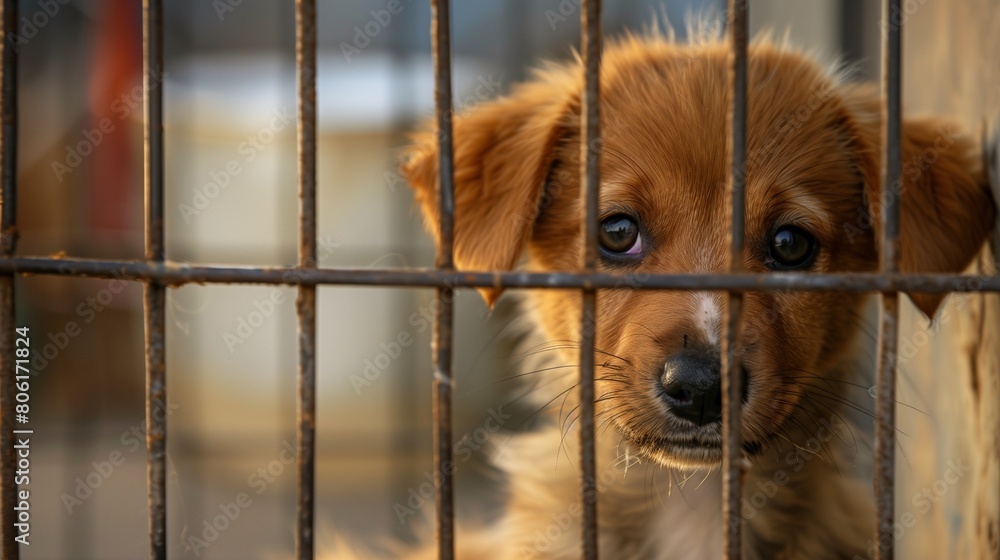 Dog peers through the metal bars of cage, symbolizing the plight of ...