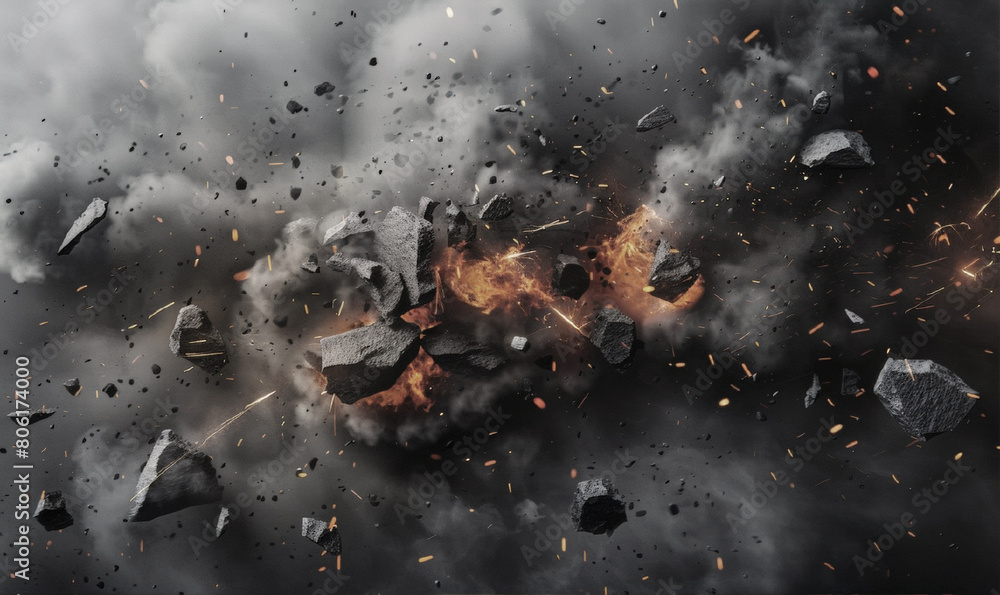 A realistic illustration depicting an explosion, ash, smoke, fragments, Sparks of fire ...