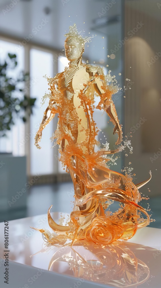Photorealistic render of a translucent amber colored humanoid figure ...
