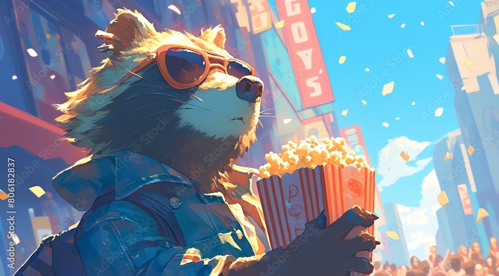 Raccoon wearing sunglasses eating popcorn in front of movie theater ...