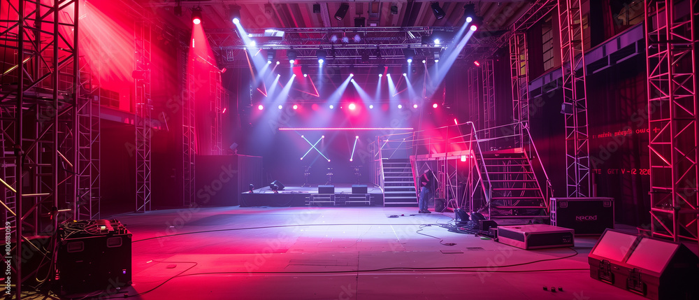 Setup for live stage production in a center stage venue. Rigging ...