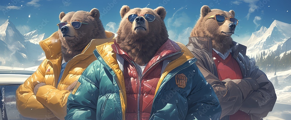 Three grizzly bears in colorful down jackets and with sunglasses ...