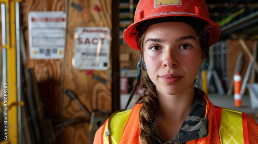 Safety First: The young woman wearing a hard hat and safety gear ...