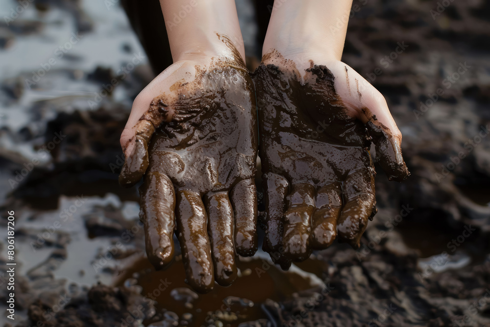hands immersed in mud for international mud day celebration Stock Photo ...
