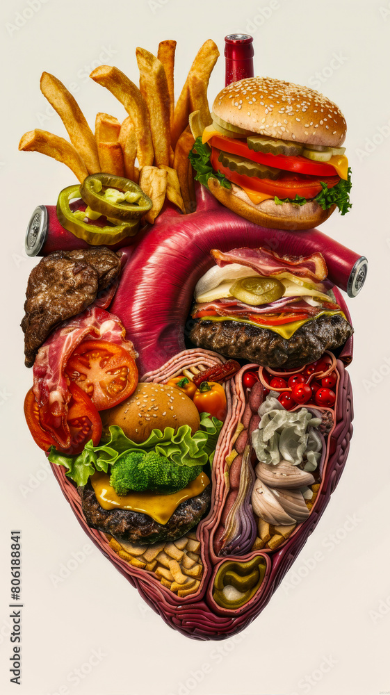 Human Heart Filled with Beer and Hamburgers. Showing the impact of ...
