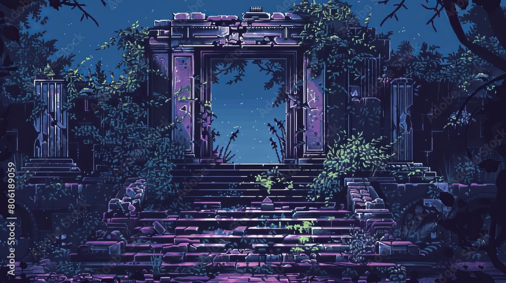 Pixel art illustration of ancient mystical gateway amidst night flora ...