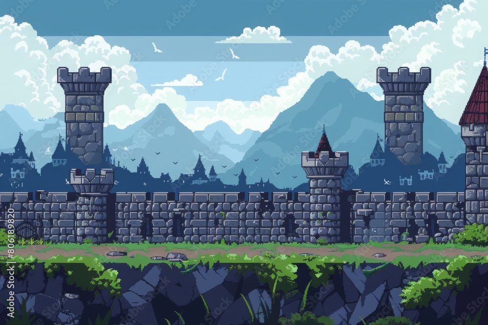 Pixelated medieval castle walls with towers against mountain backdrop ...