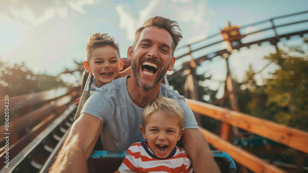 father and son ride on a roller coaster, amusement park, carousel ...