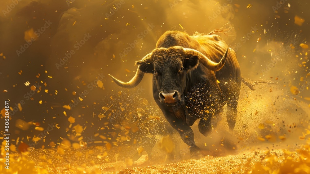 Bull on a golden background running on a golden ground Stock ...