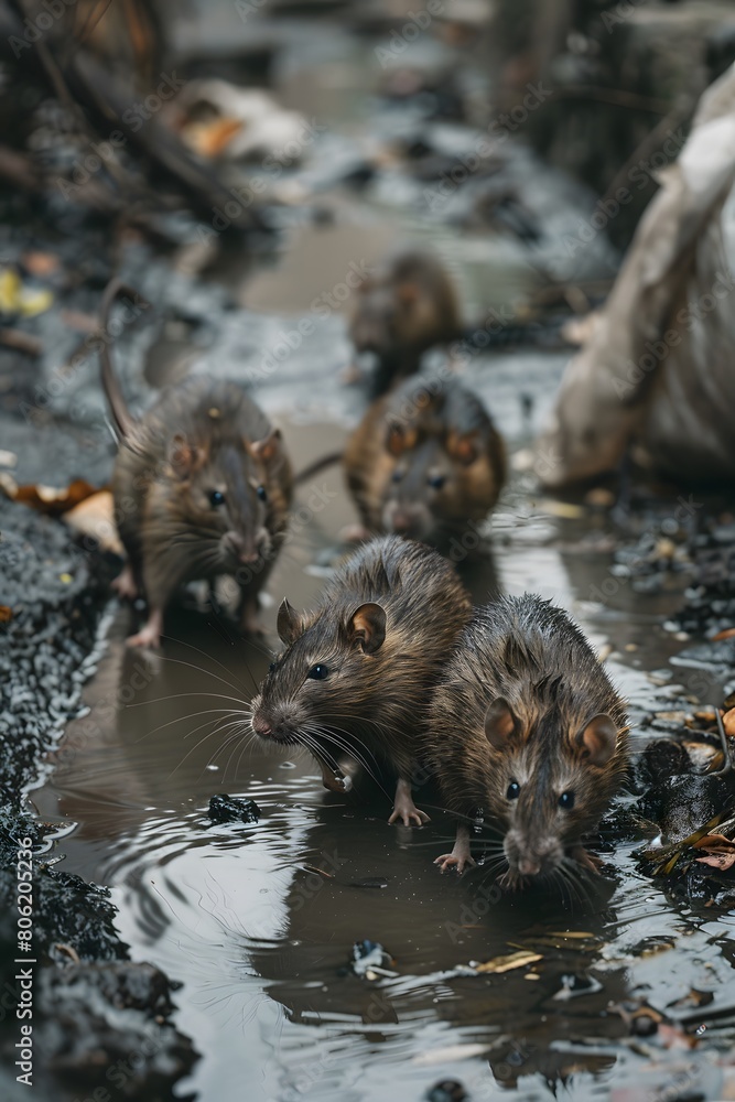 Dirty disgusting rats or mouses on area that was filled with sewage ...