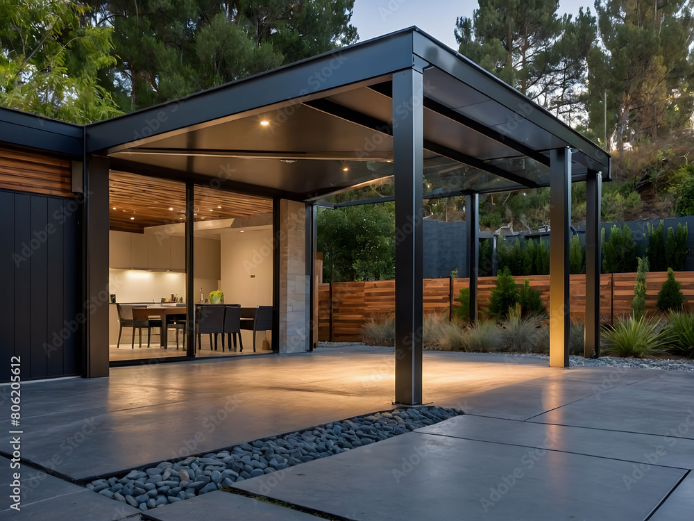 Modern steel carport adjacent to a family home, with a contemporary ...