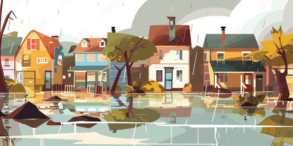 Town Flooding, Cartoon Illustration of Natural Disaster Amidst Rain and ...