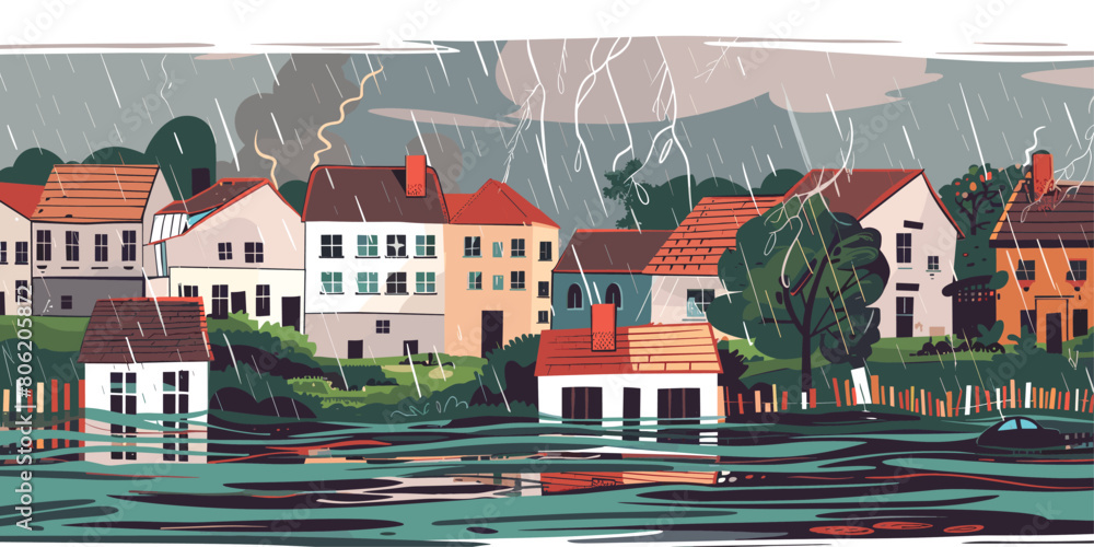 Town Flooding, Cartoon Illustration of Natural Disaster Amidst Rain and ...